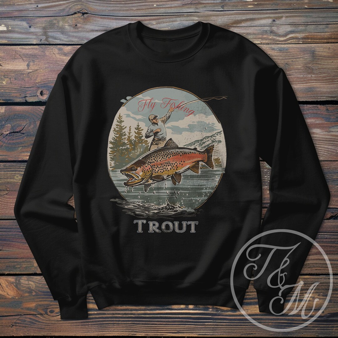 Vintage Style Trout Fly Fishing Graphic Design on Heavy Blend Crewneck ...