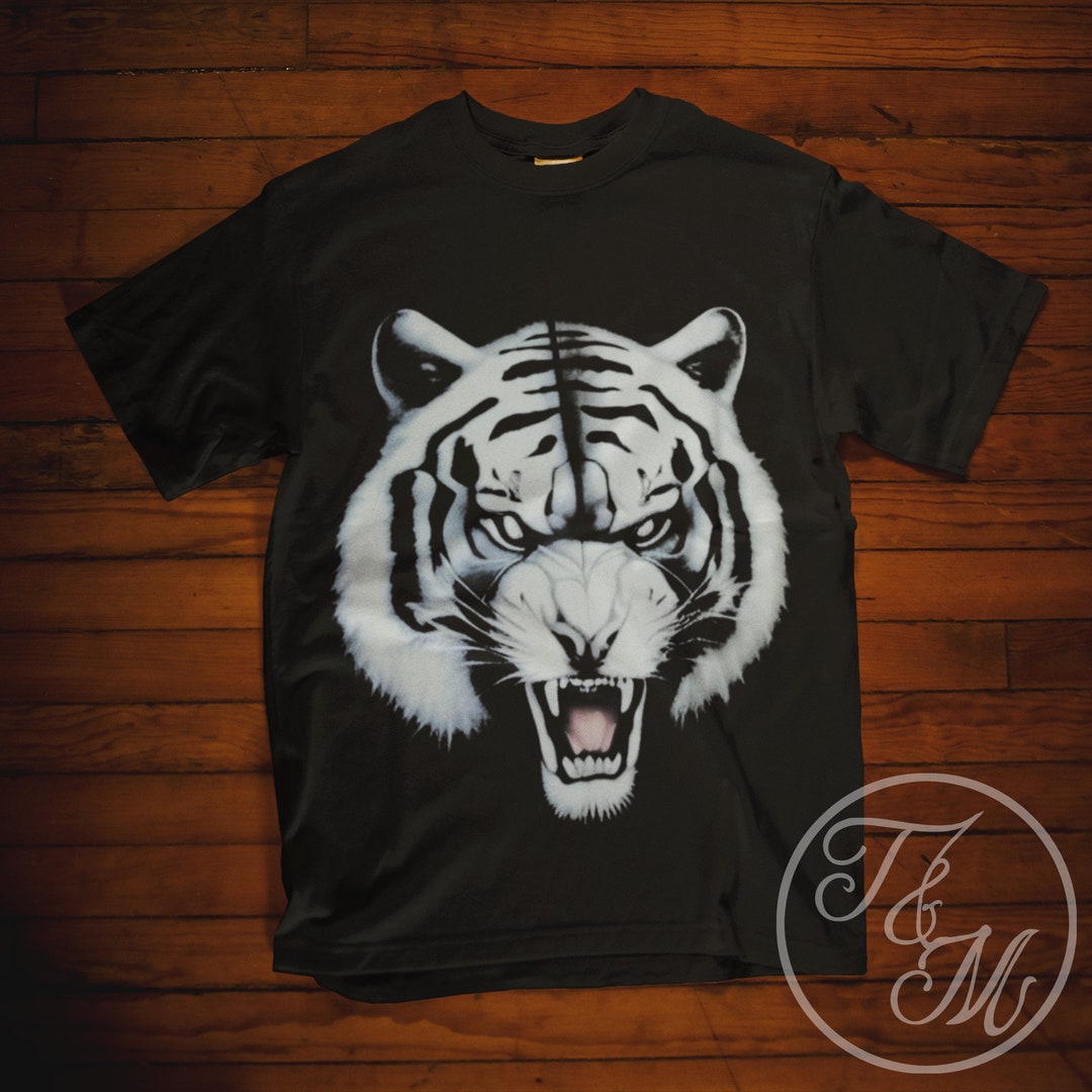 Vintage Style White Tiger Graphic Design on Unisex Classic Black Heavy ...