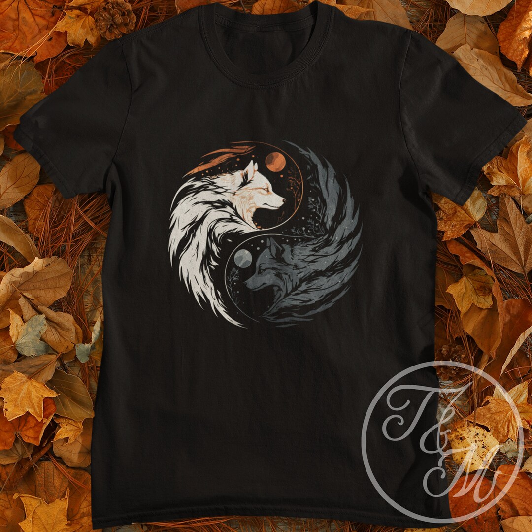 Wolf Yin Yang Duality Graphic Design on Unisex Classic Black Heavy ...