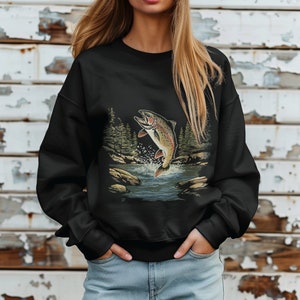 Vintage Style Trout Fishing Graphic Design on Heavy Blend Crewneck ...