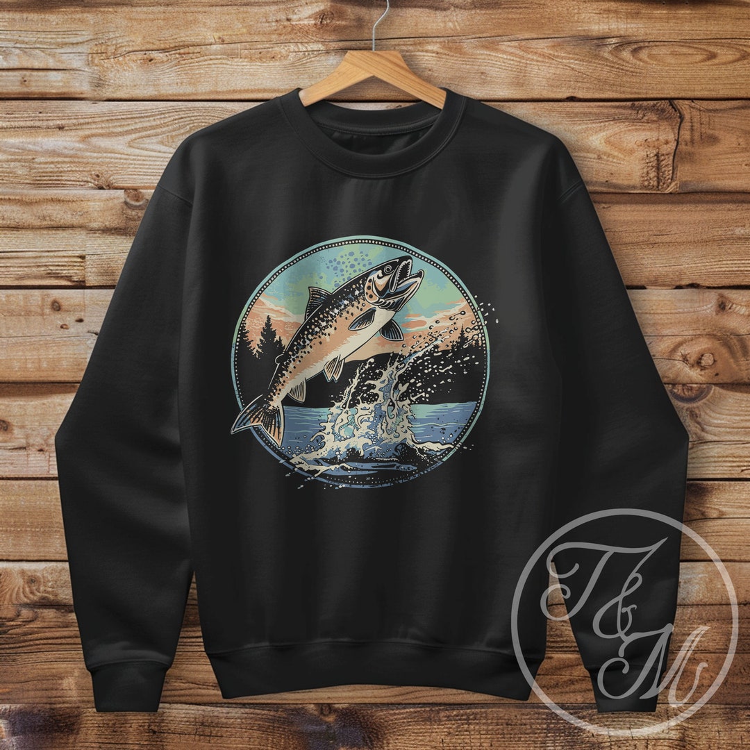 Trout Fishing Graphic Design on Black Heavy Blend Crewneck Sweatshirt ...