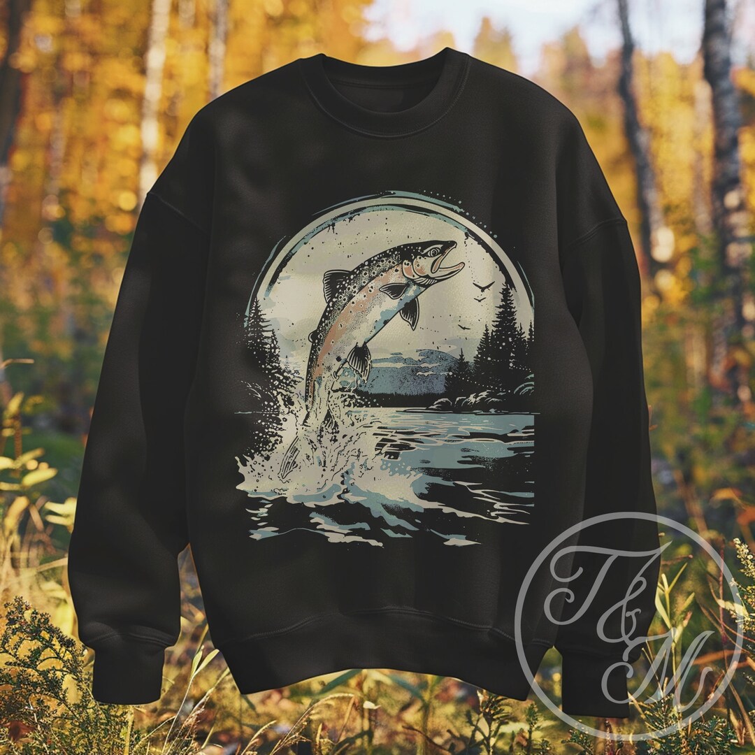 Trout Fishing Graphic Design on Black Heavy Blend Crewneck Sweatshirt ...