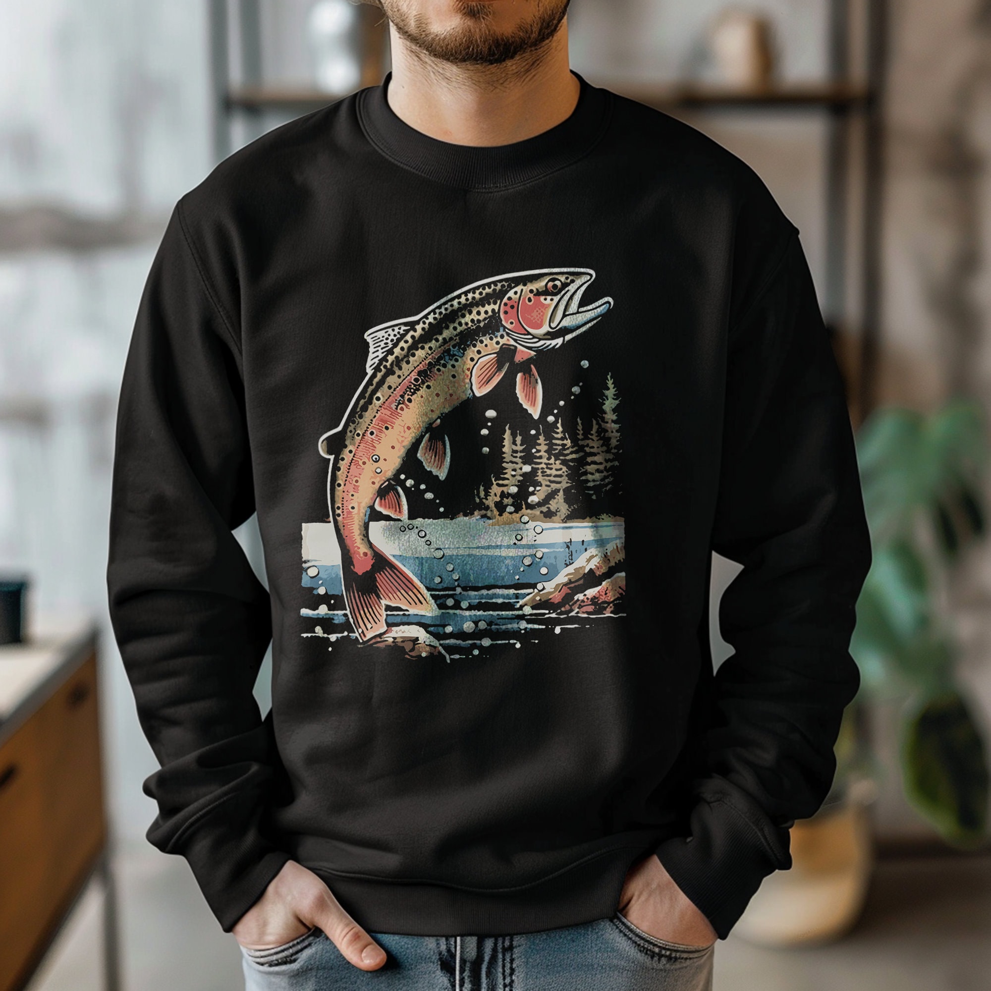 Vintage Style Trout Graphic Design on Black Heavy Blend Crewneck ...