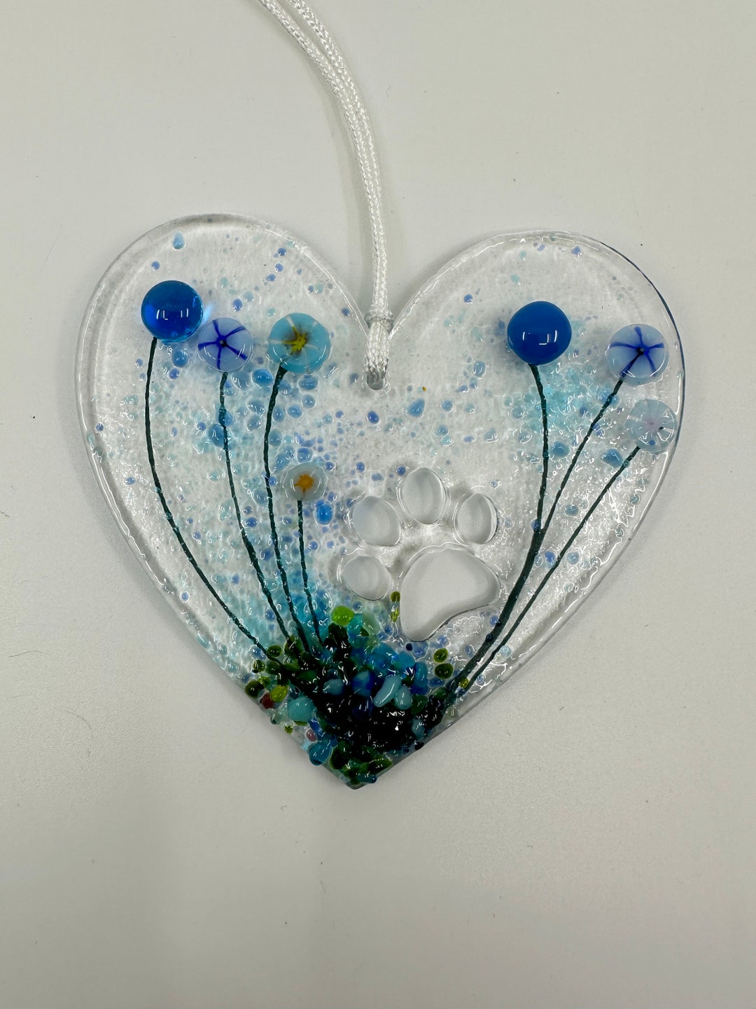 Fused Glass Paw Print Heart: Blue Floral Hanging Pet Ornament - Etsy