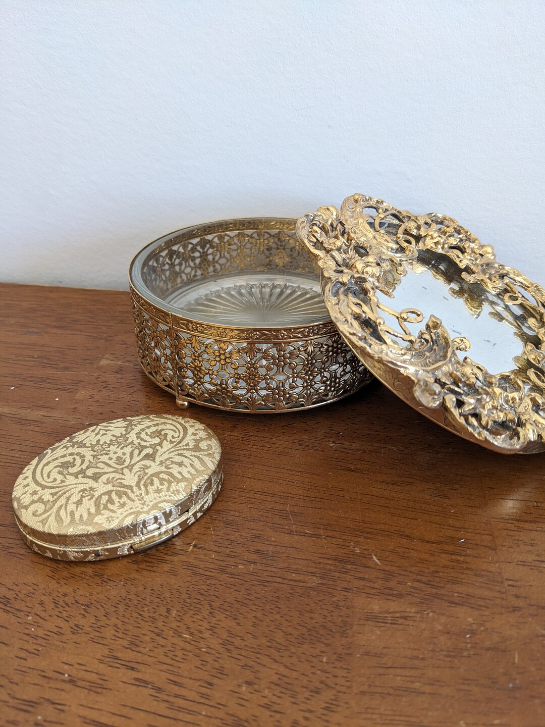 Antique Gold Filigree Mirrored Glass Jewelry Box Storage Container With ...