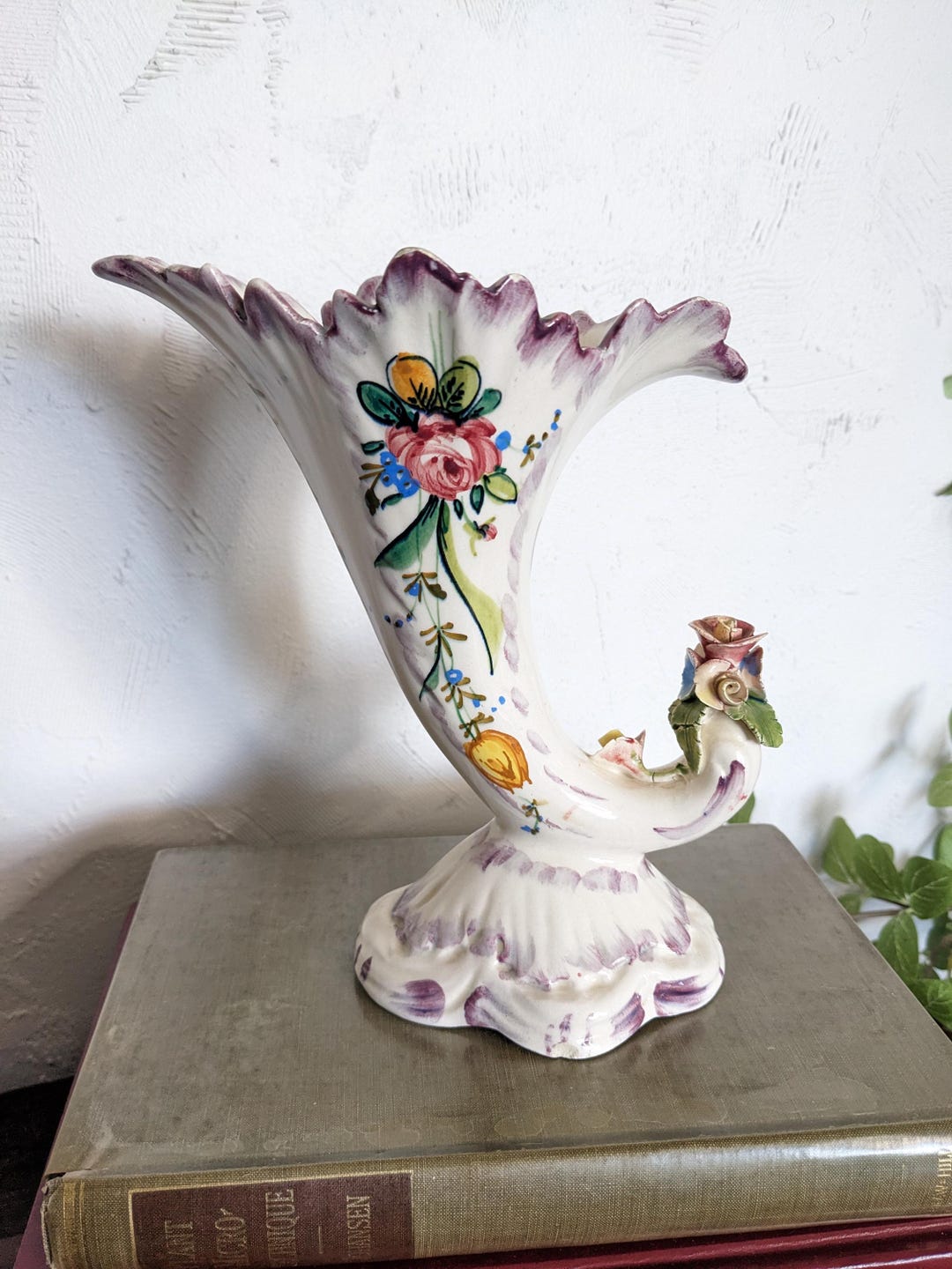 Pretty Purple Hand Painted Italian Floral Ceramic Cornucopia Vase - Etsy