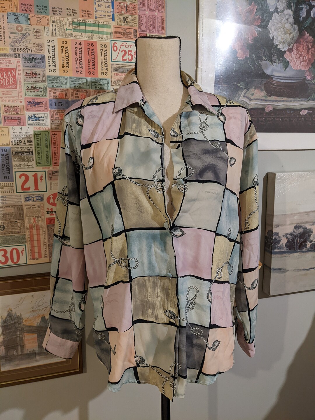 Vintage Pastel Button up Top Jewel Print - Etsy