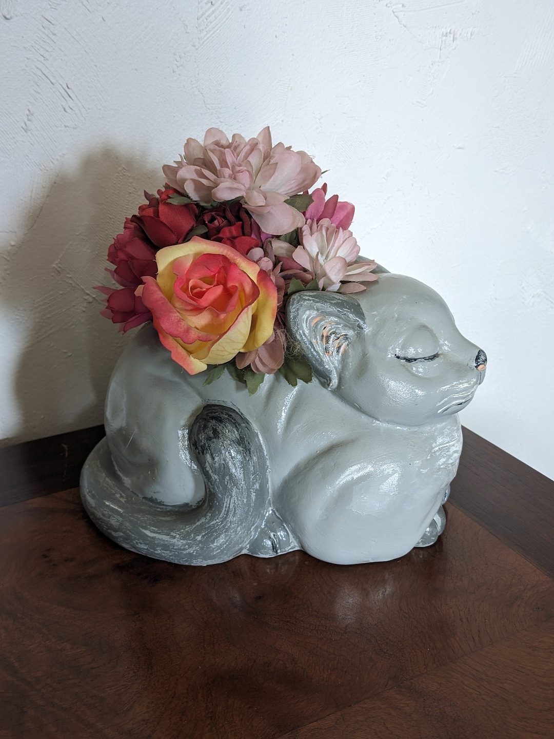 Vintage Ceramic Grey Cat Planter - Etsy