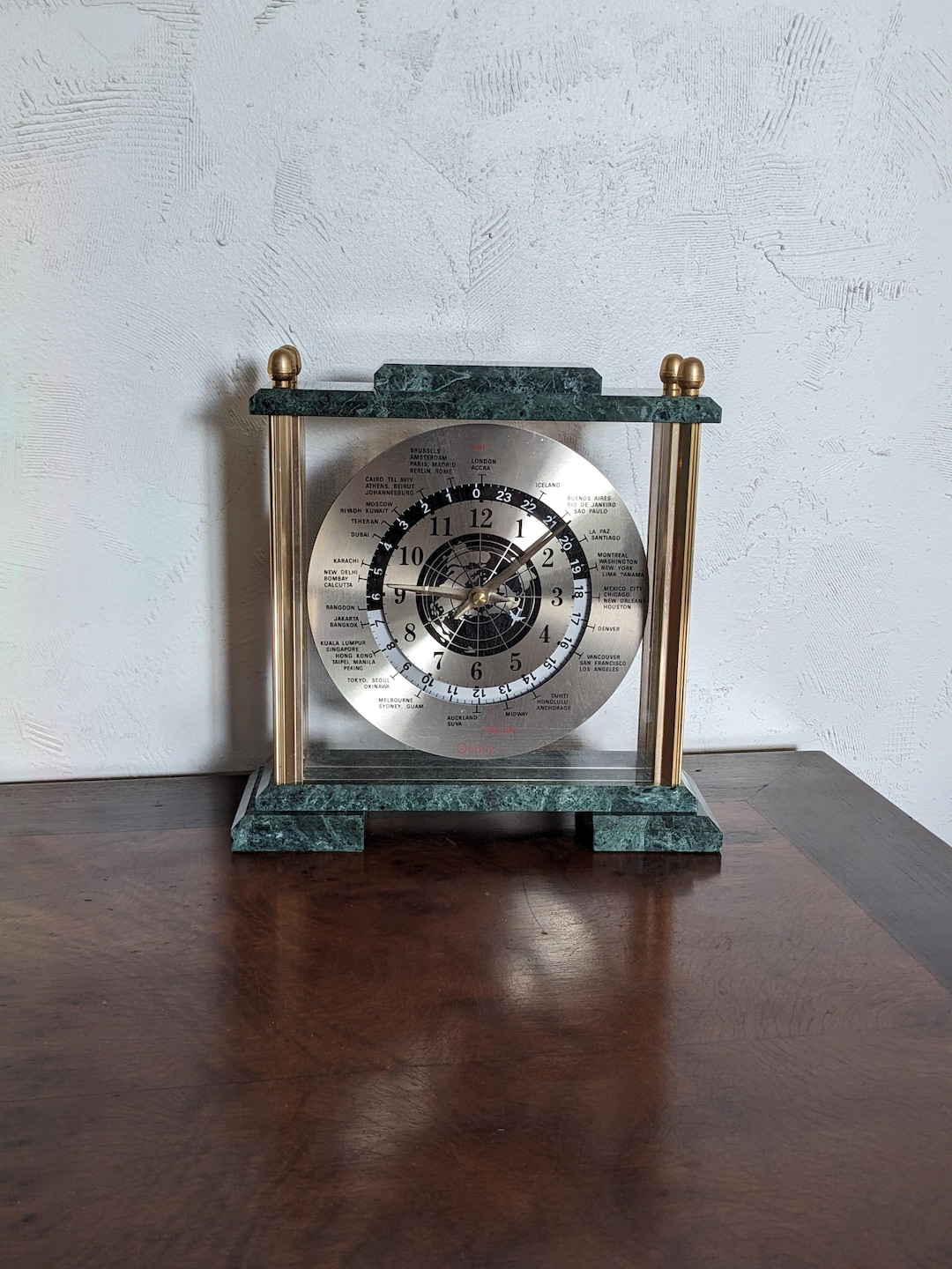 Vintage Green Marble and Brass Airplane World Time Zones Mantle Clock ...