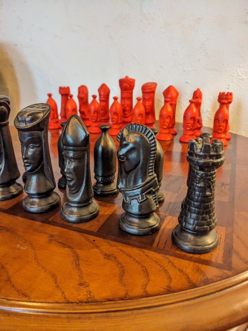 Ornate Ceramic Black and Red Chess Pieces - Etsy