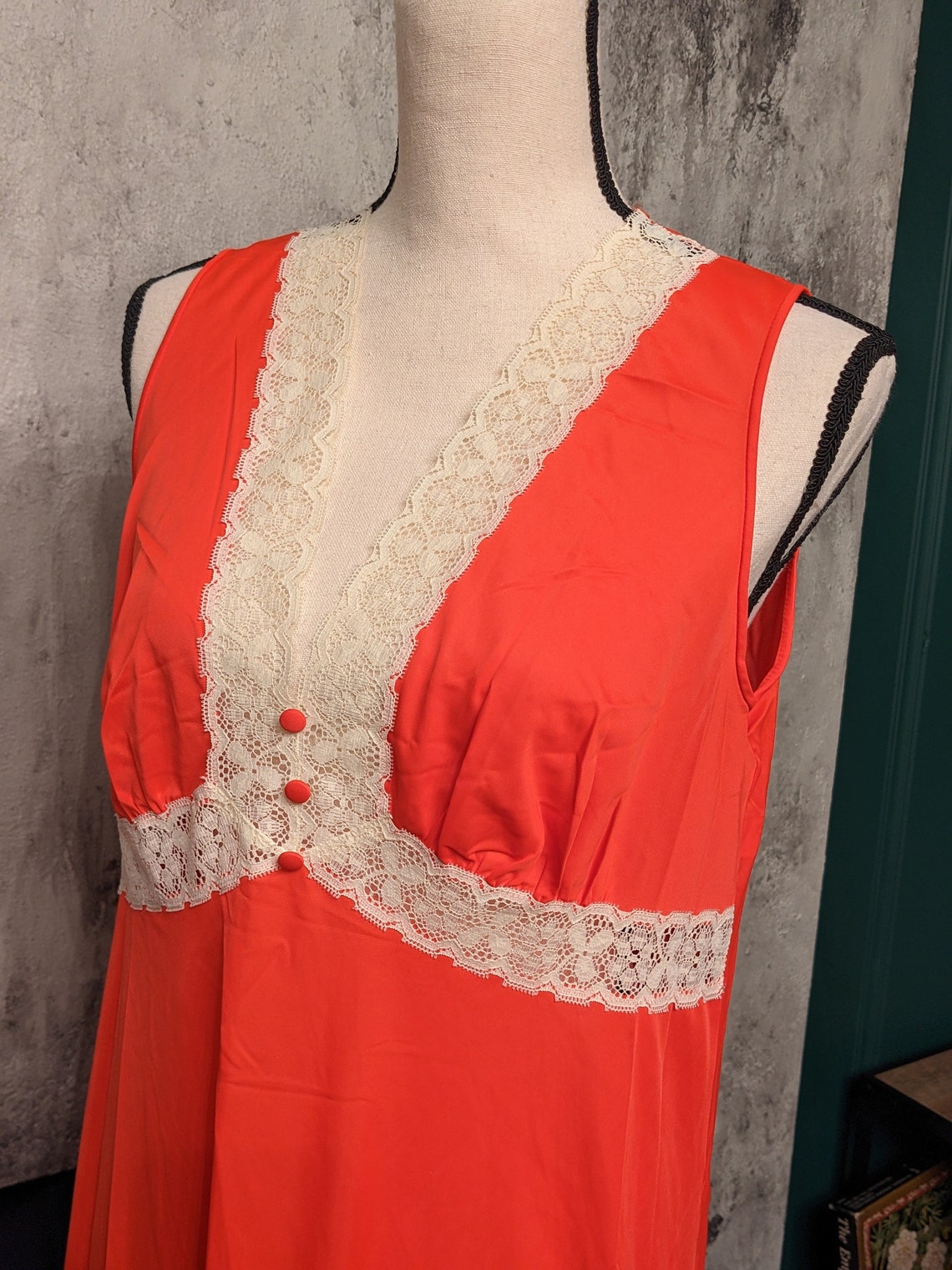 Vintage Red Nightgown White Lace - Etsy