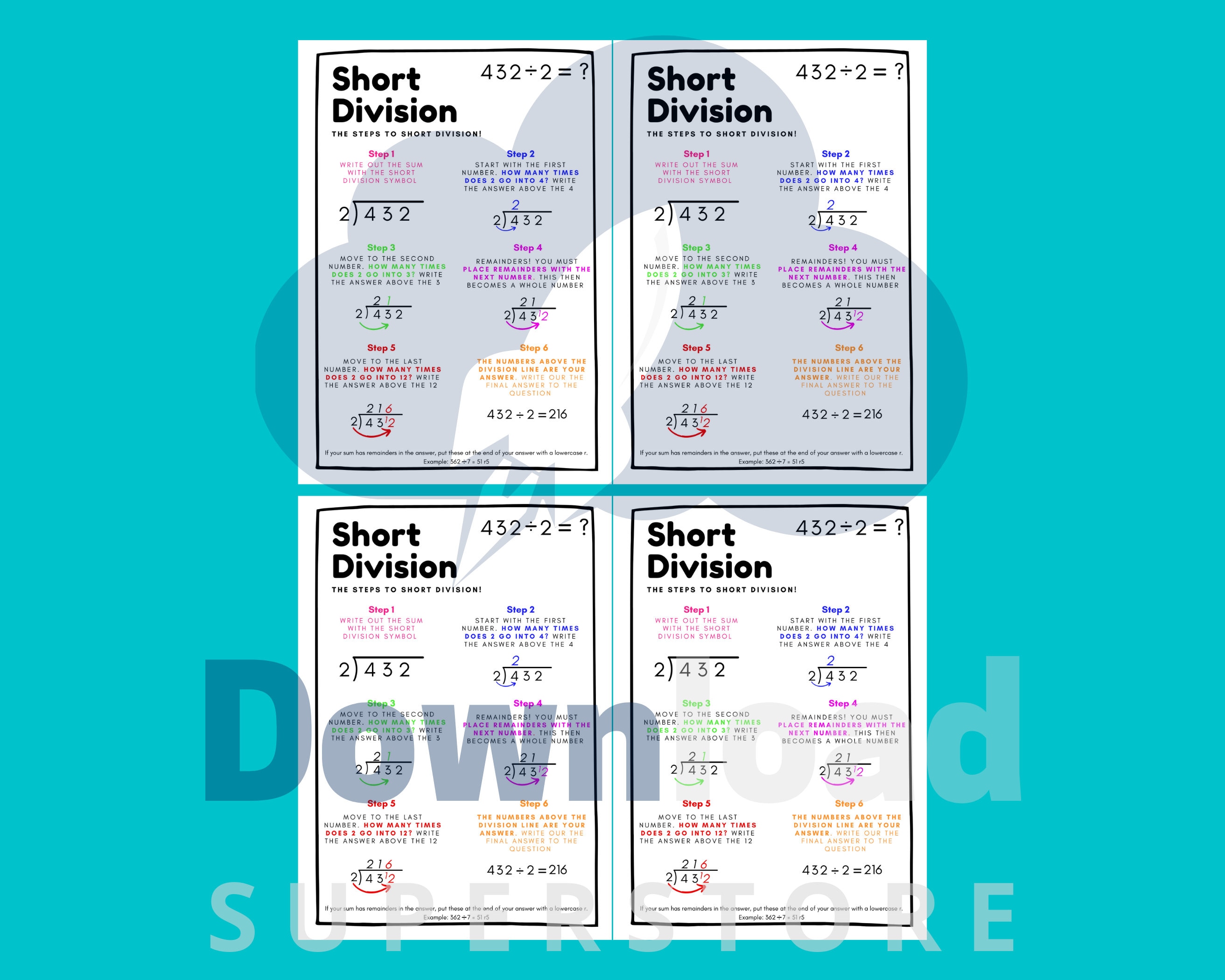 Learning Resource: Short Division Steps Poster - PNG, JPEG, PDF - Etsy