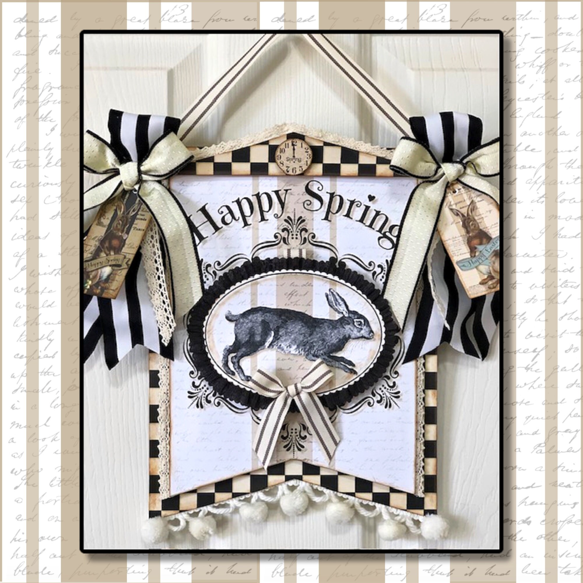 Happy Spring Banner Printable: Bunny, Floral, Vintage Style (digital ...