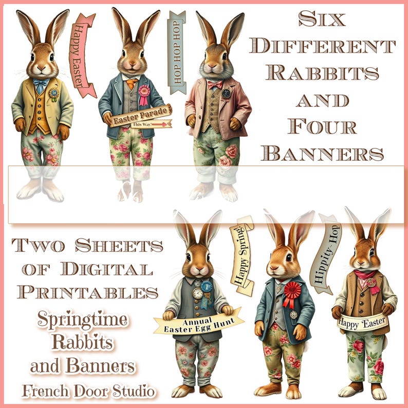 Springtime Rabbits & Banners: Easter Digital Printables (PDF) - Etsy