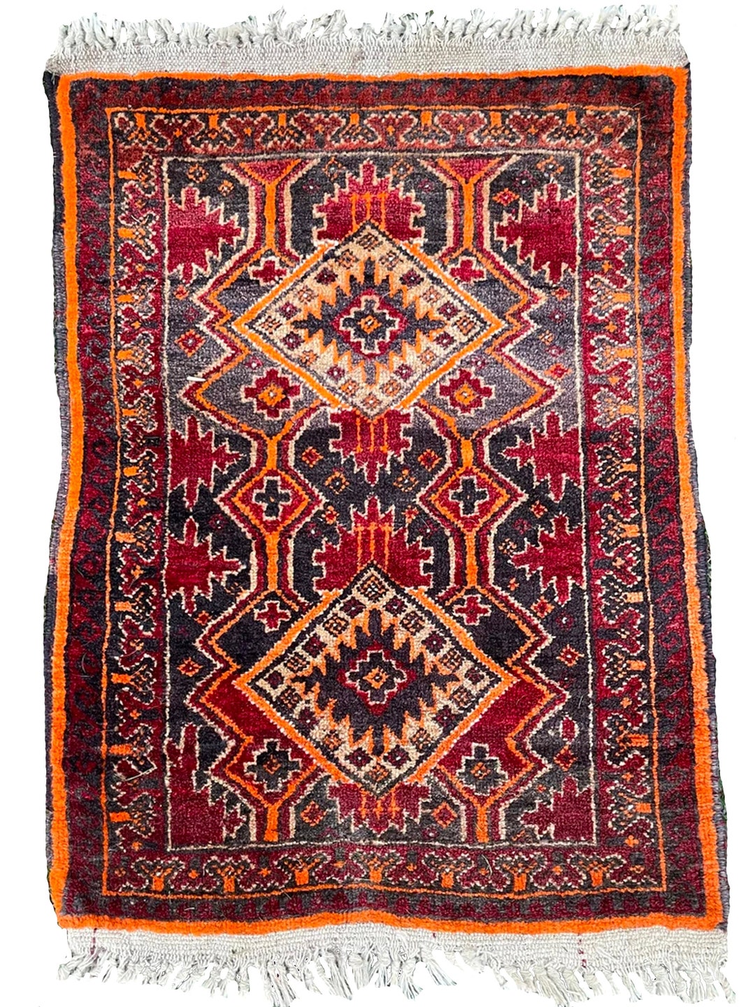 Vintage Rug | Small Vintage Mat Rug | Charcoal Tangerine and Cherry | 1 ...