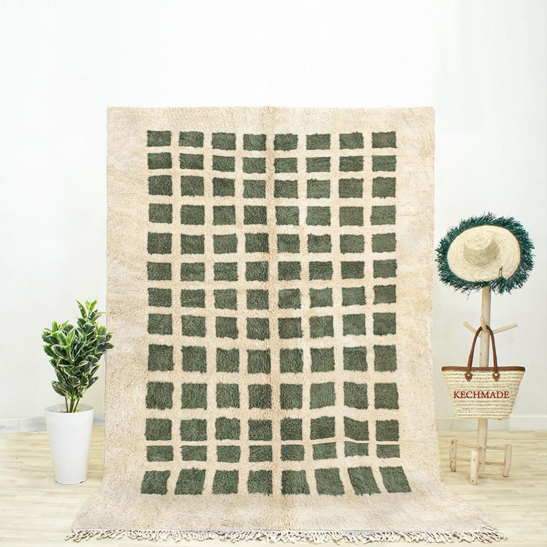Custom Green Checkered Rug in a Beni Ourain Rug Texture With Green ...