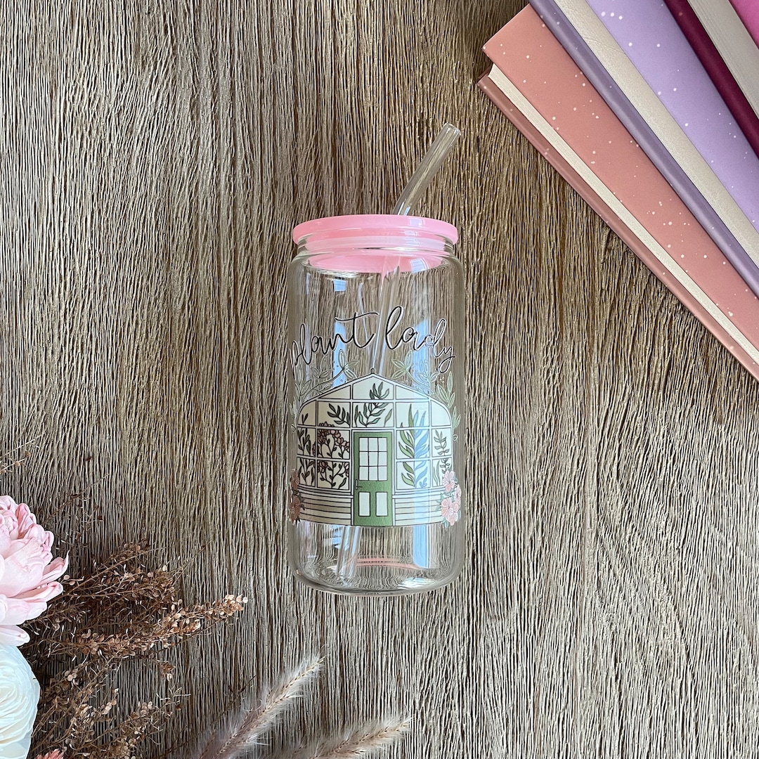 Plant Lady Glass Soda Can Tumbler With Bamboo or Colored Lid and Straw ...