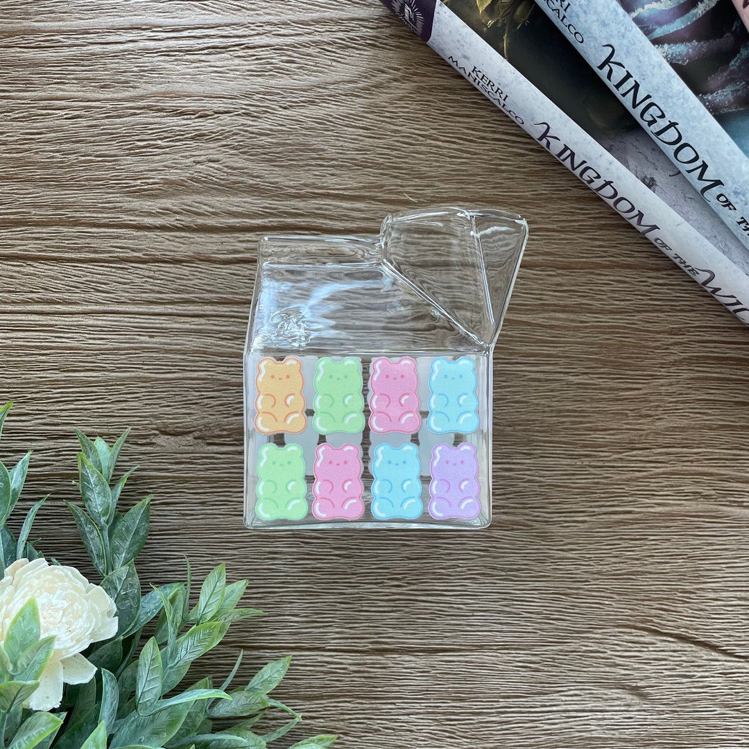 Cute Rainbow Gummy Bear Glass Milk Carton Cup, Vase, Coffee Creamer ...