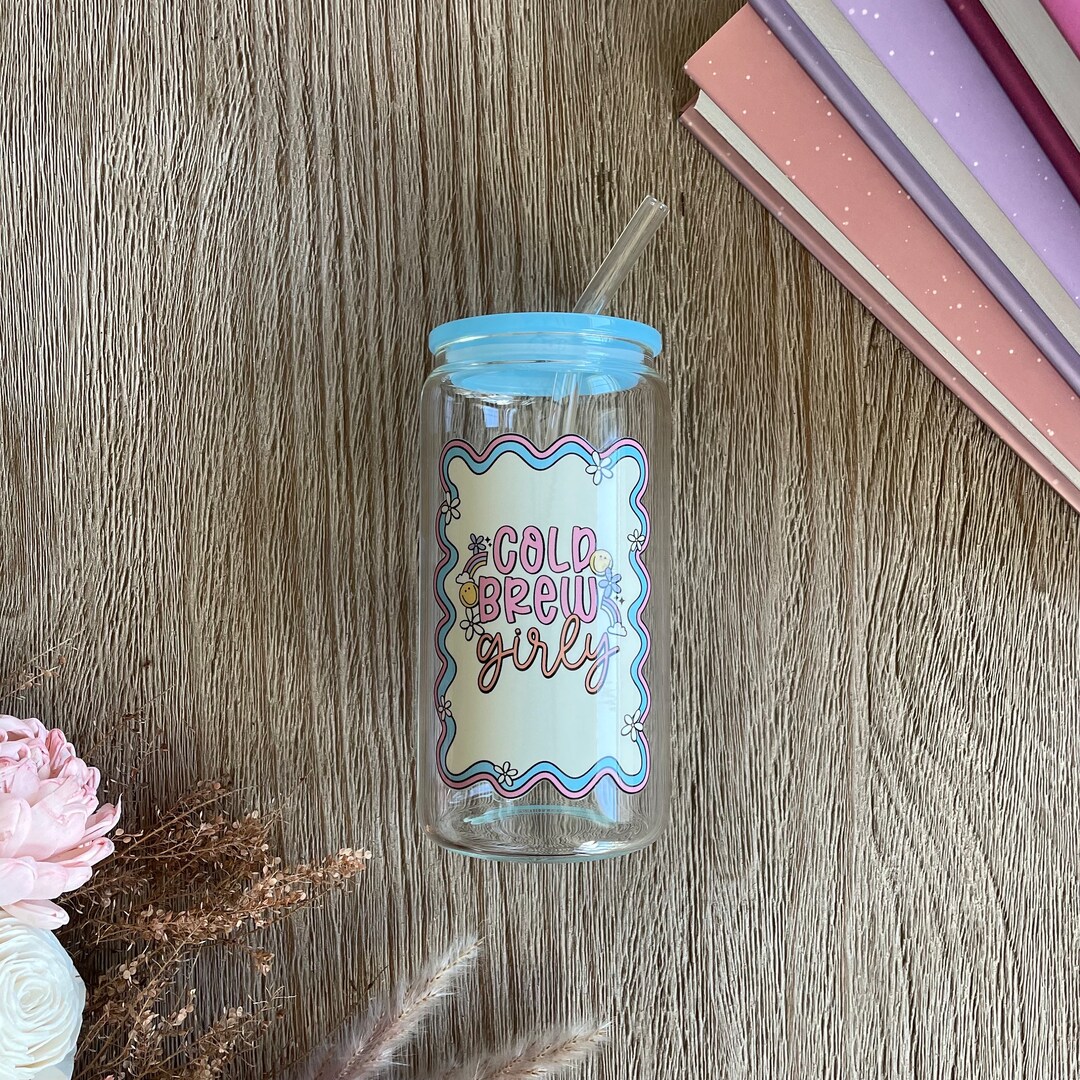 Cold Brew Girly Glass Soda Can Tumbler With Bamboo or Colored Lid and ...