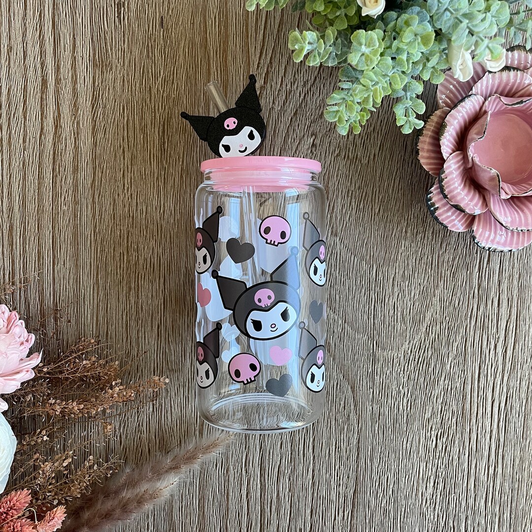 Goth Kitty Glass Soda Can Tumbler With Bamboo or Colored Lid and Straw ...