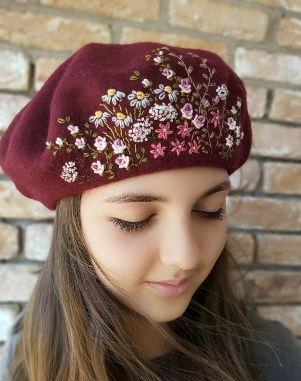 Hand Embroidered Beret, Red Wine French Beret, Wool Beret, Delicate ...