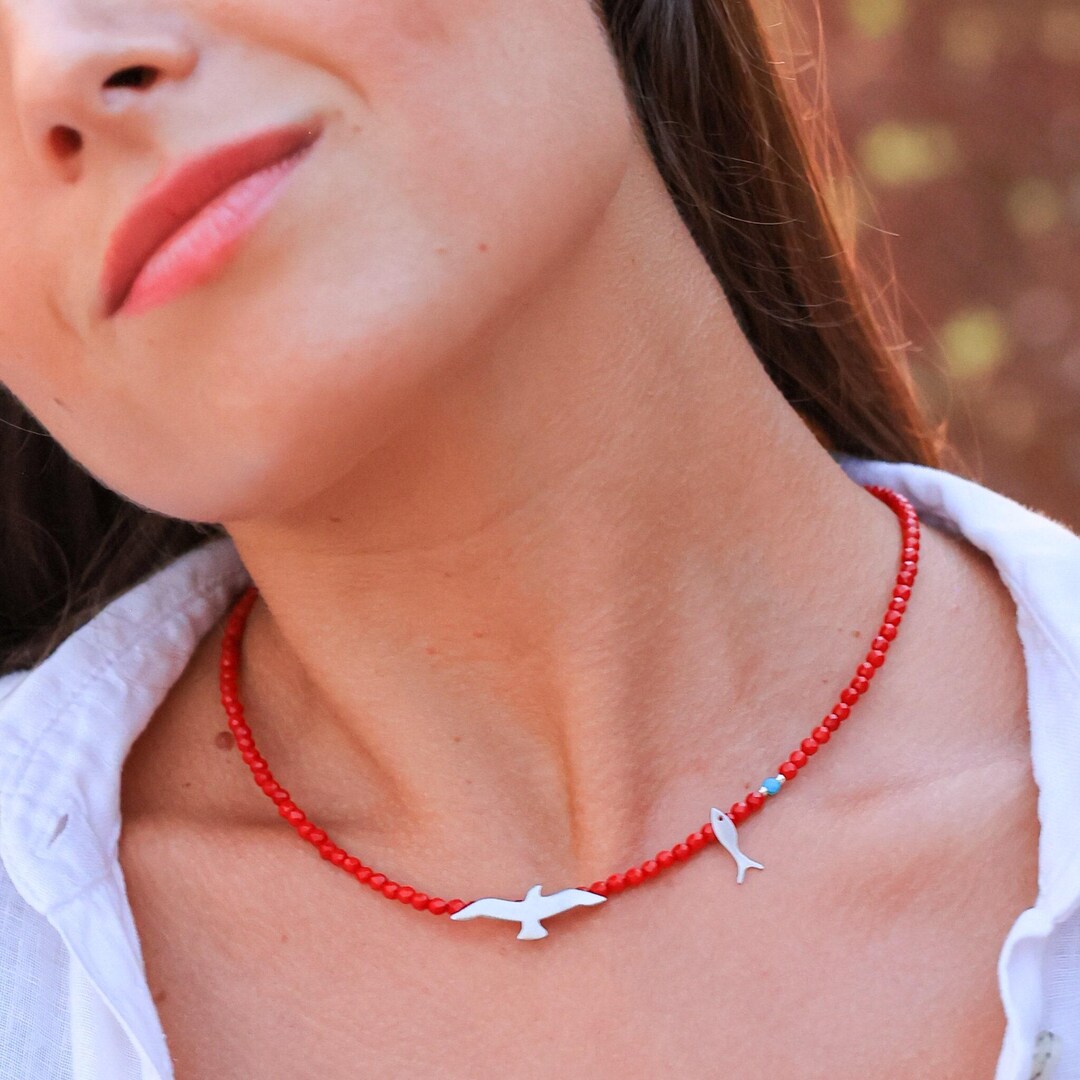 Coral Beaded Choker: Sterling Silver Seagull & Fish, Mother's Day Gift ...