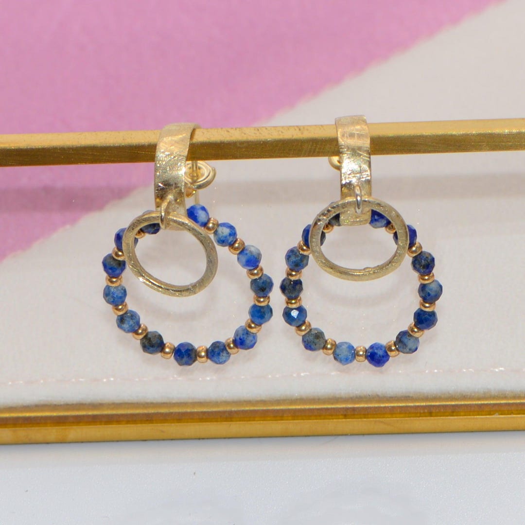 Lapis Lazuli Hoop Earrings: Gold Plated Sterling Silver Dangle Drops ...