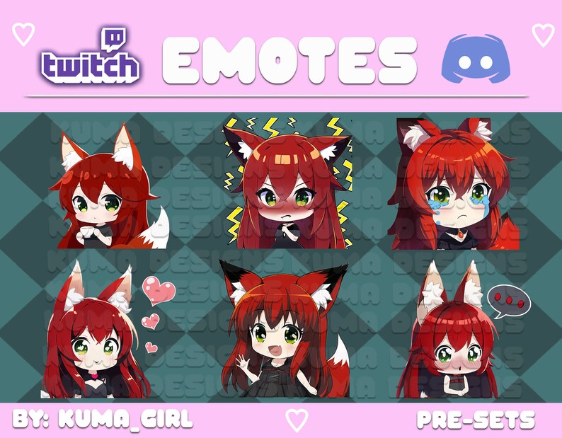 Twitch Discord Emotes 6 Piece Kawaii Red Fox Girl Emotes Etsy