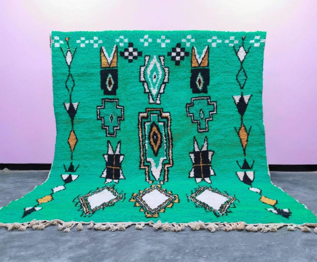 Green Moroccan Tribal Symbols Pattern Area Carpet, Artisan Wool Textile ...