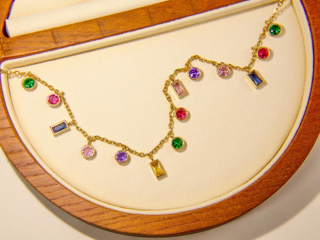 Baguette Rainbow Gemstone Necklace | 18K Gold | Geometric Charm ...