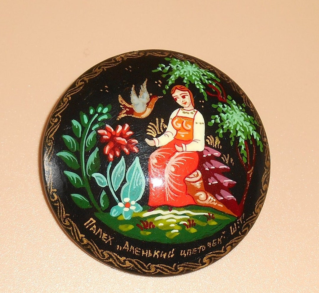 VINTAGE Russian Pin Brooch Hand Painted Lacquer Signed/marked Made in ...