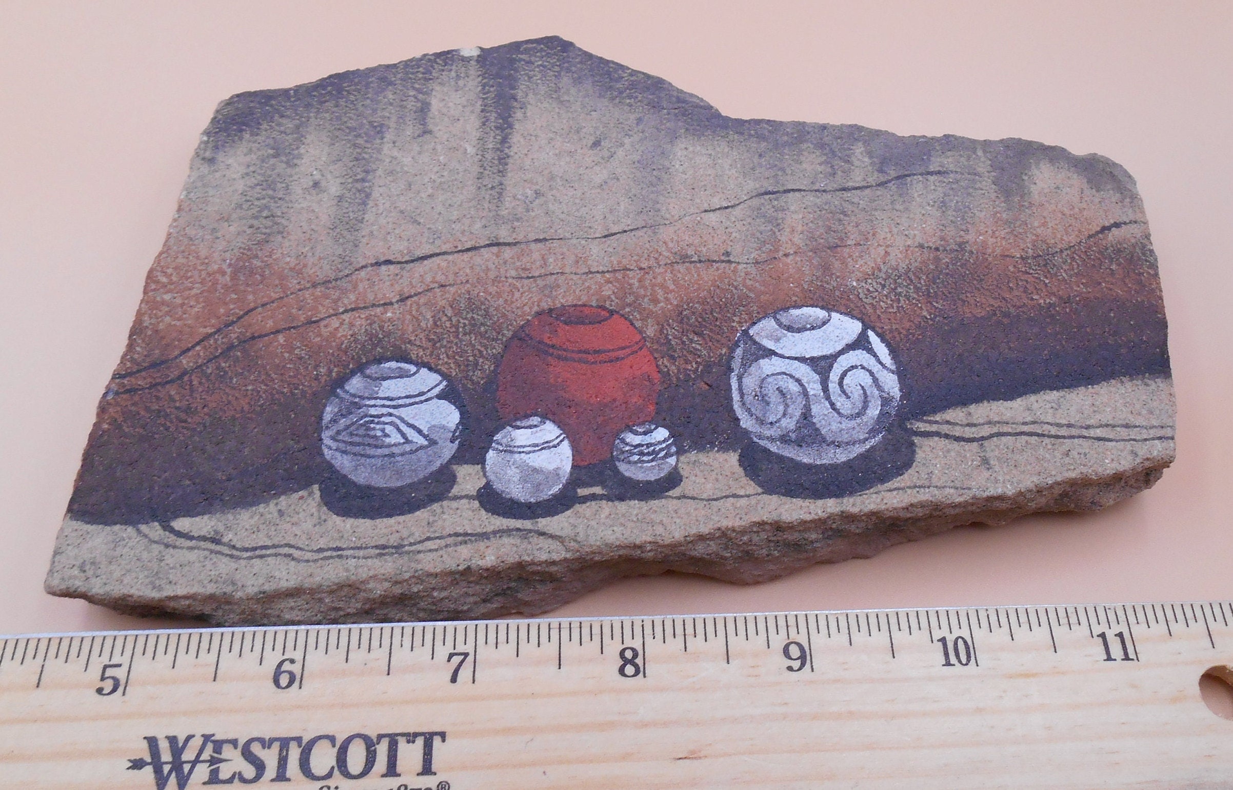 HAND-PAINTED SANDSTONE Rock Slab With Navajo Pottery Theme by V. Yazzie ...