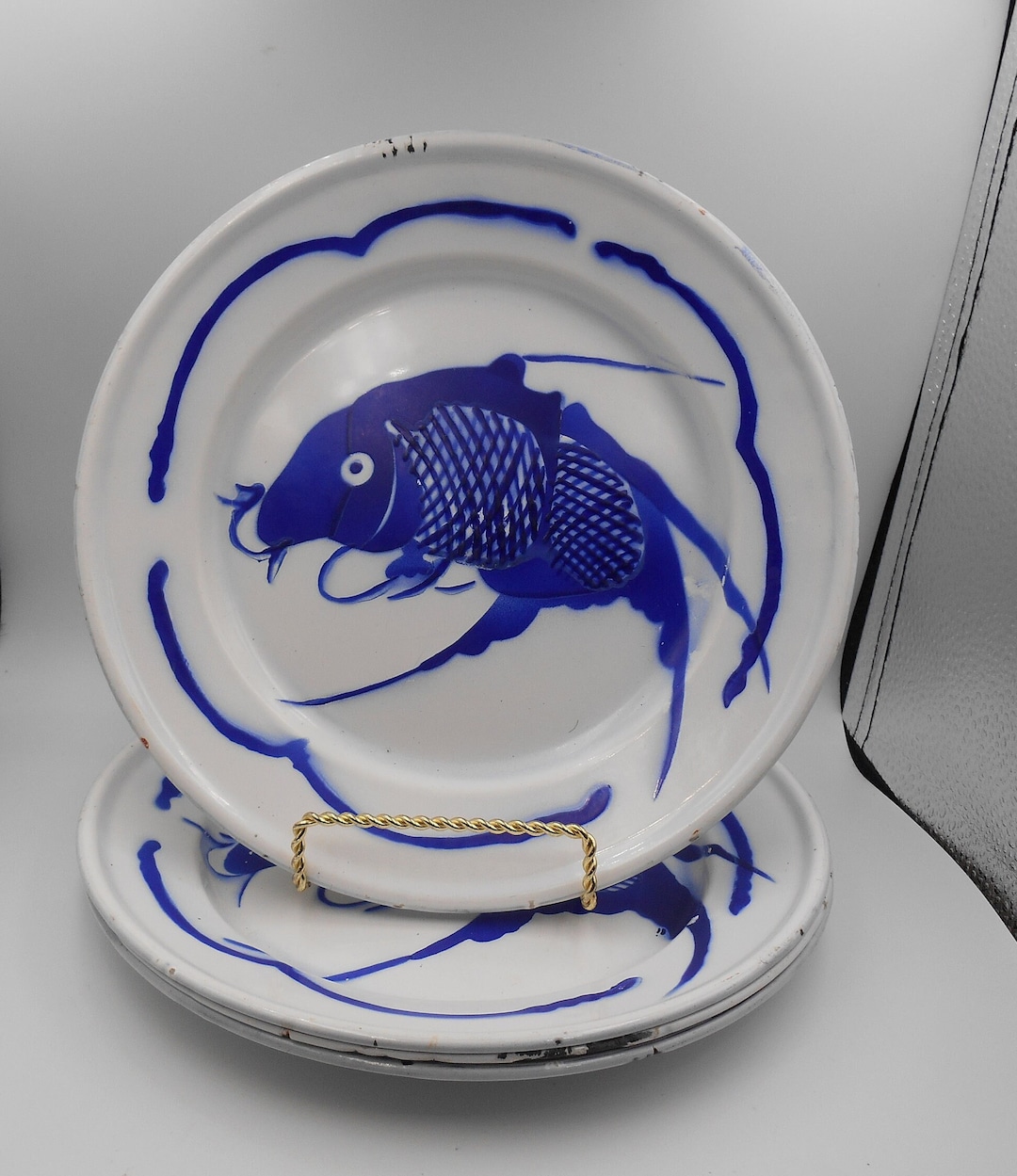 Vintage Enamelware- Koi Carp Fish Metal Plates Set of 4 Blue and White ...