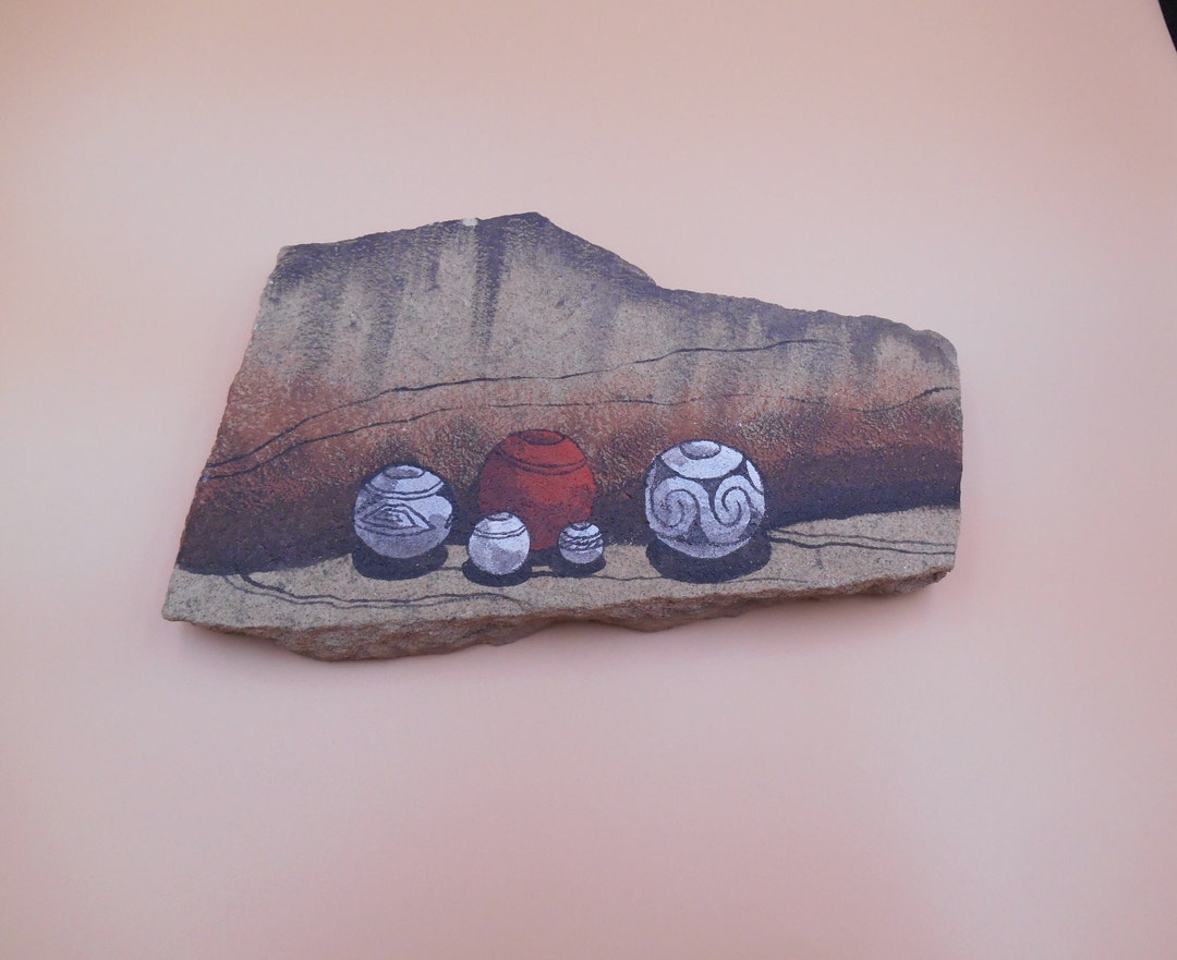 HAND-PAINTED SANDSTONE Rock Slab With Navajo Pottery Theme by V. Yazzie ...