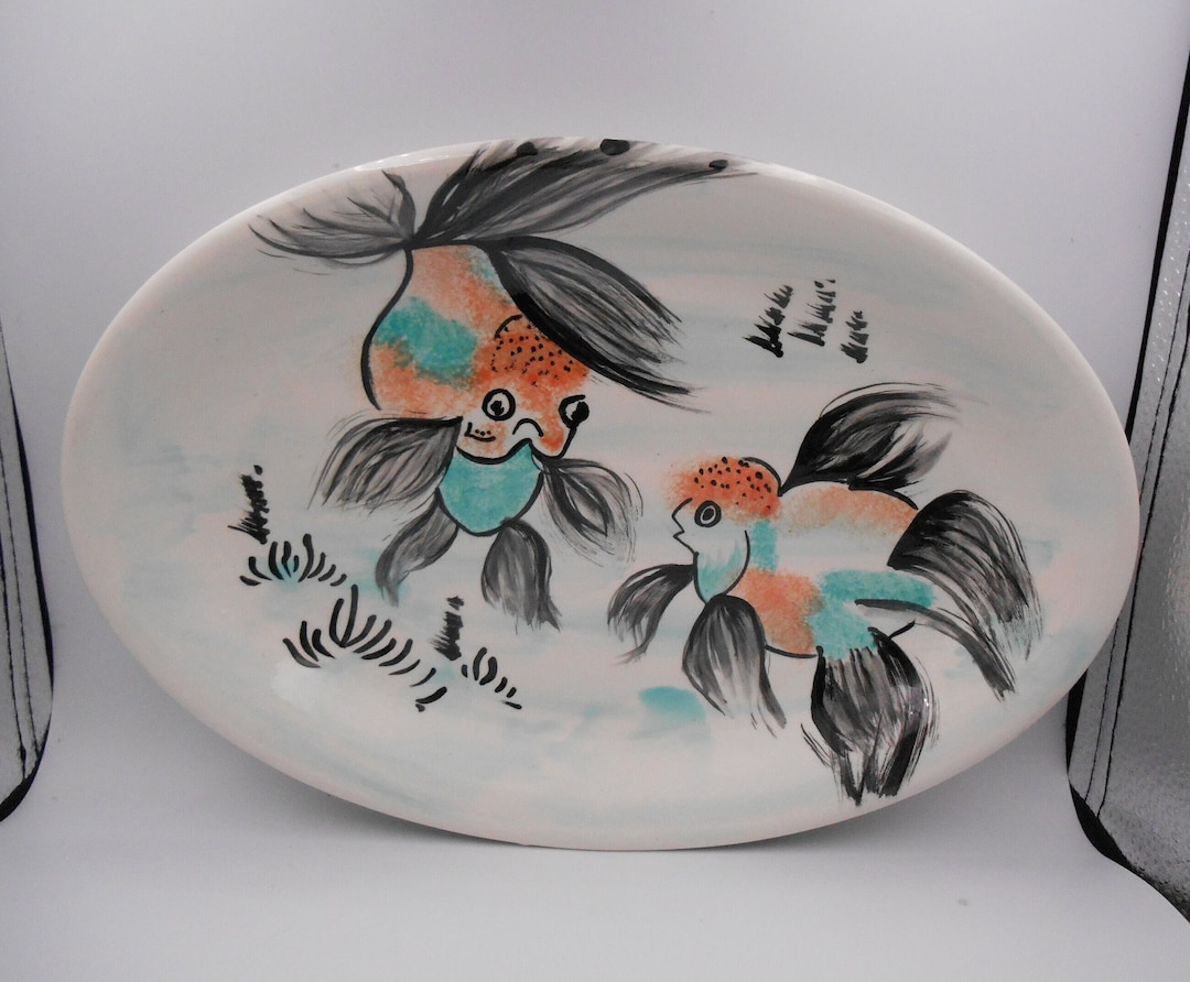 Vintage Ceramic Oval Handmade Goldfish Aquatic Design Platter Marked ...