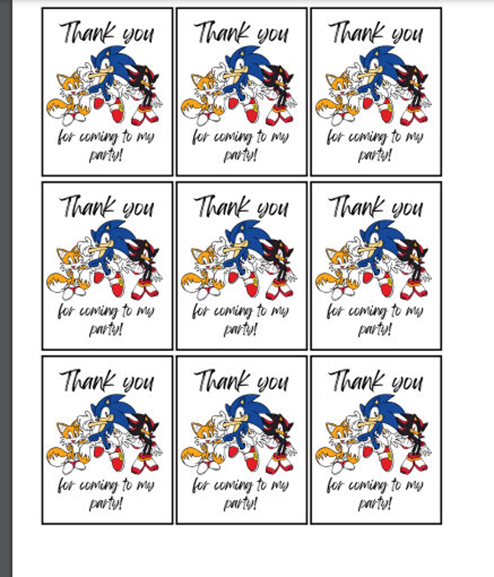 Sonic Party Favor Tags: Thank You for Coming! - Etsy