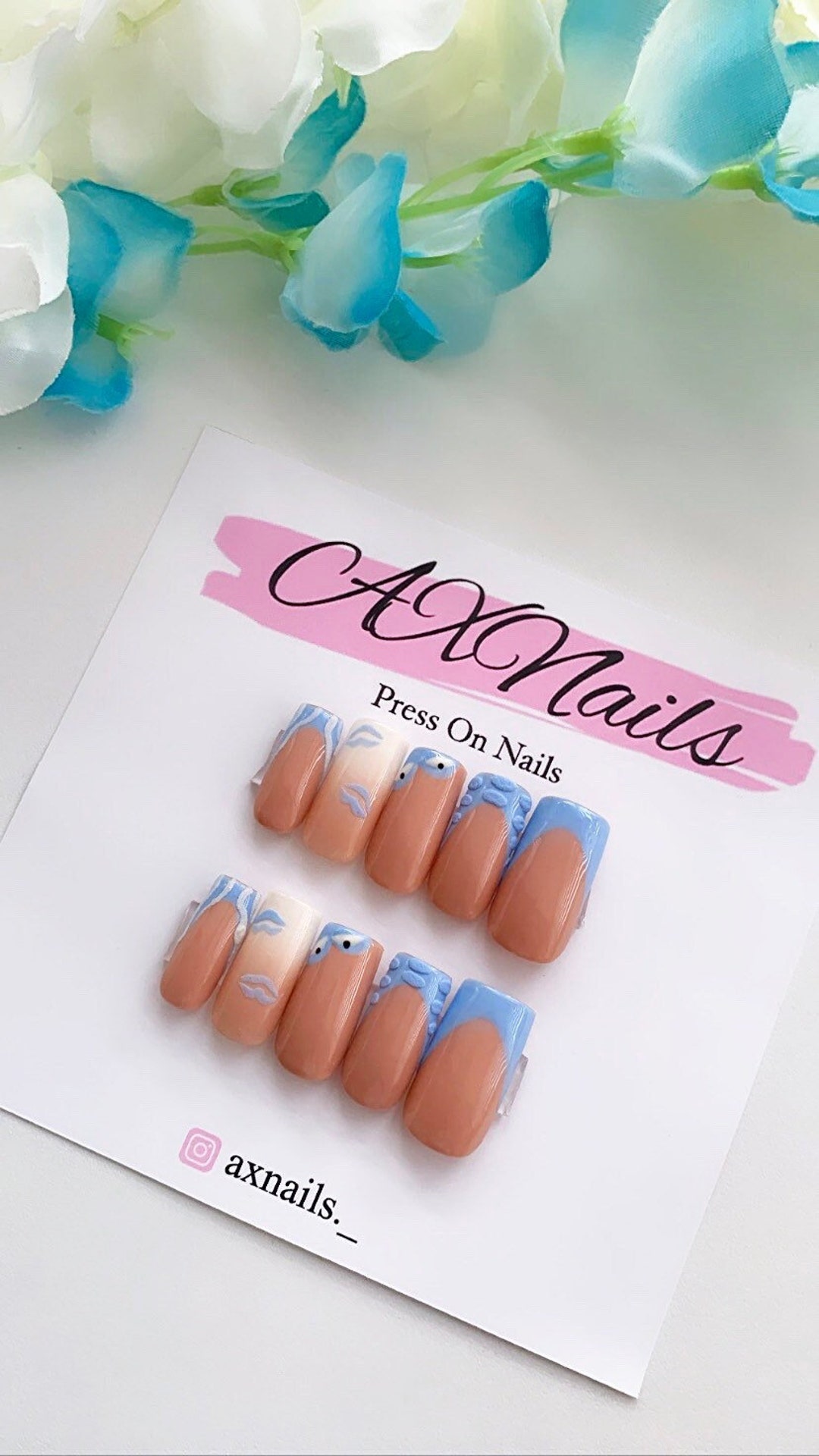 Blue French Tip Nails Lips Press on Nails Baby Blue Reusable Nails ...