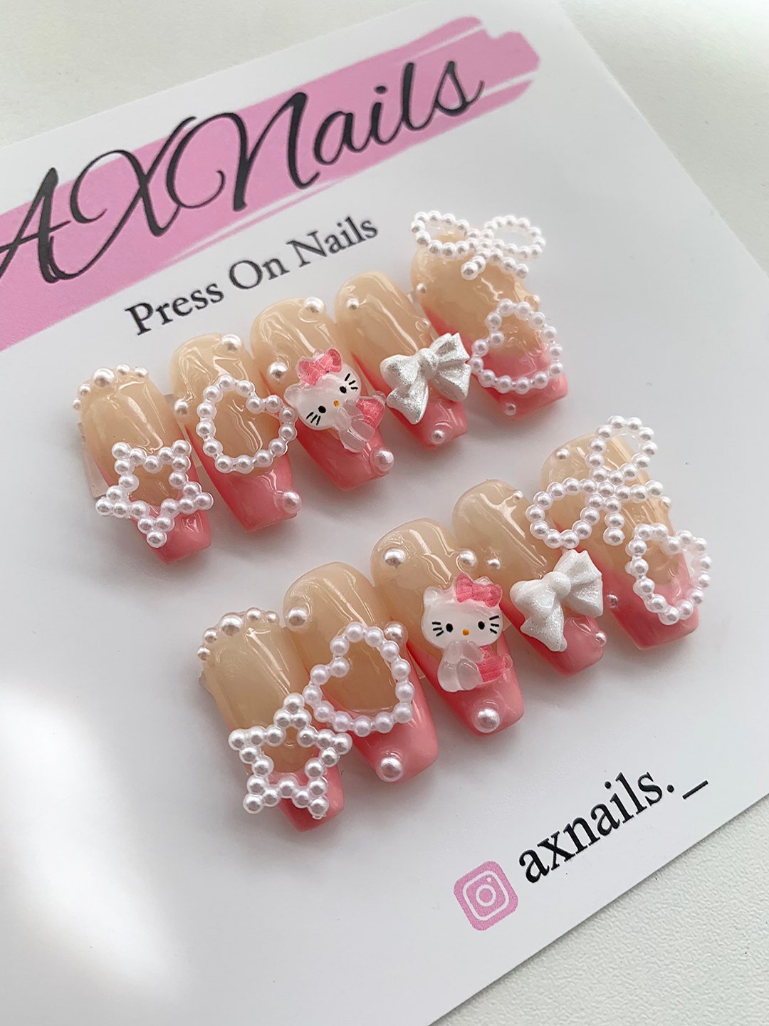 Hello Kitty Press on Nails Kawaii Nails Pearls Pink French Tip Anime ...