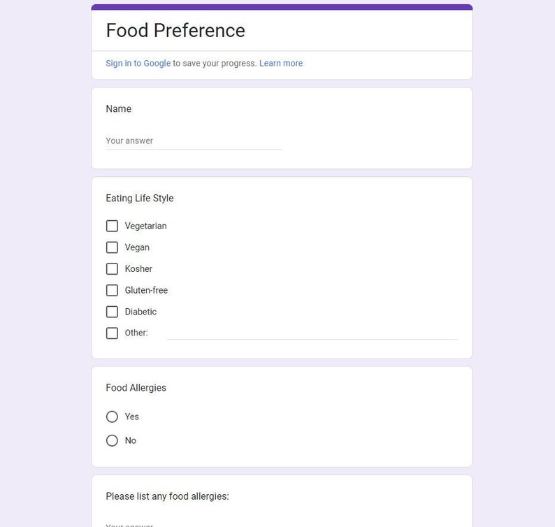Food Preference Google Form Template Editable - Etsy
