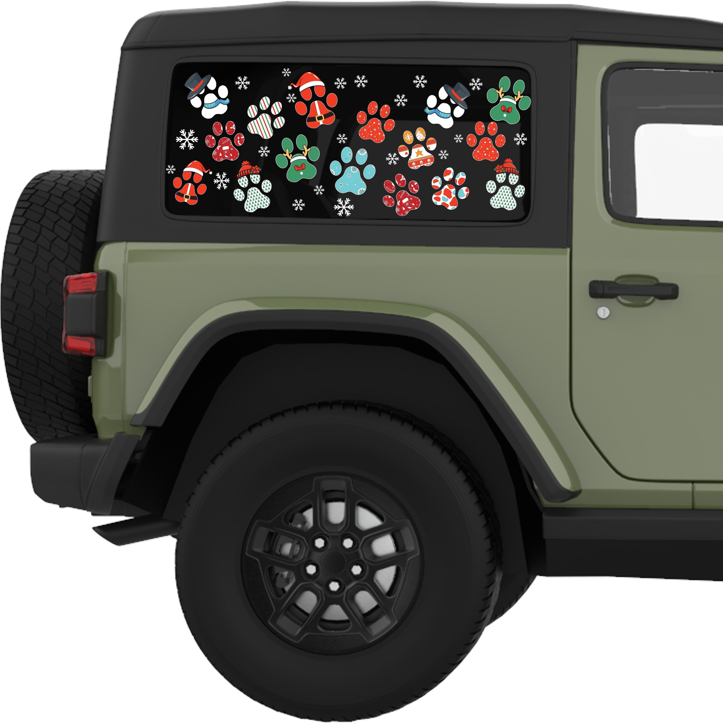Fits Jeep Wrangler Window Decal 2007+. Snow Falling Christmas Dog Paws ...