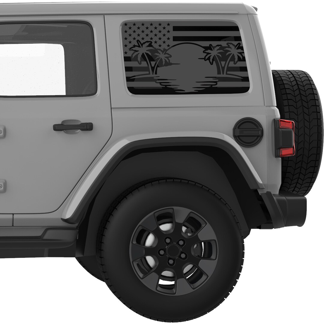 For Jeep Wrangler Window Sticker 2007+. Us Flag Sunset Palms Rear ...