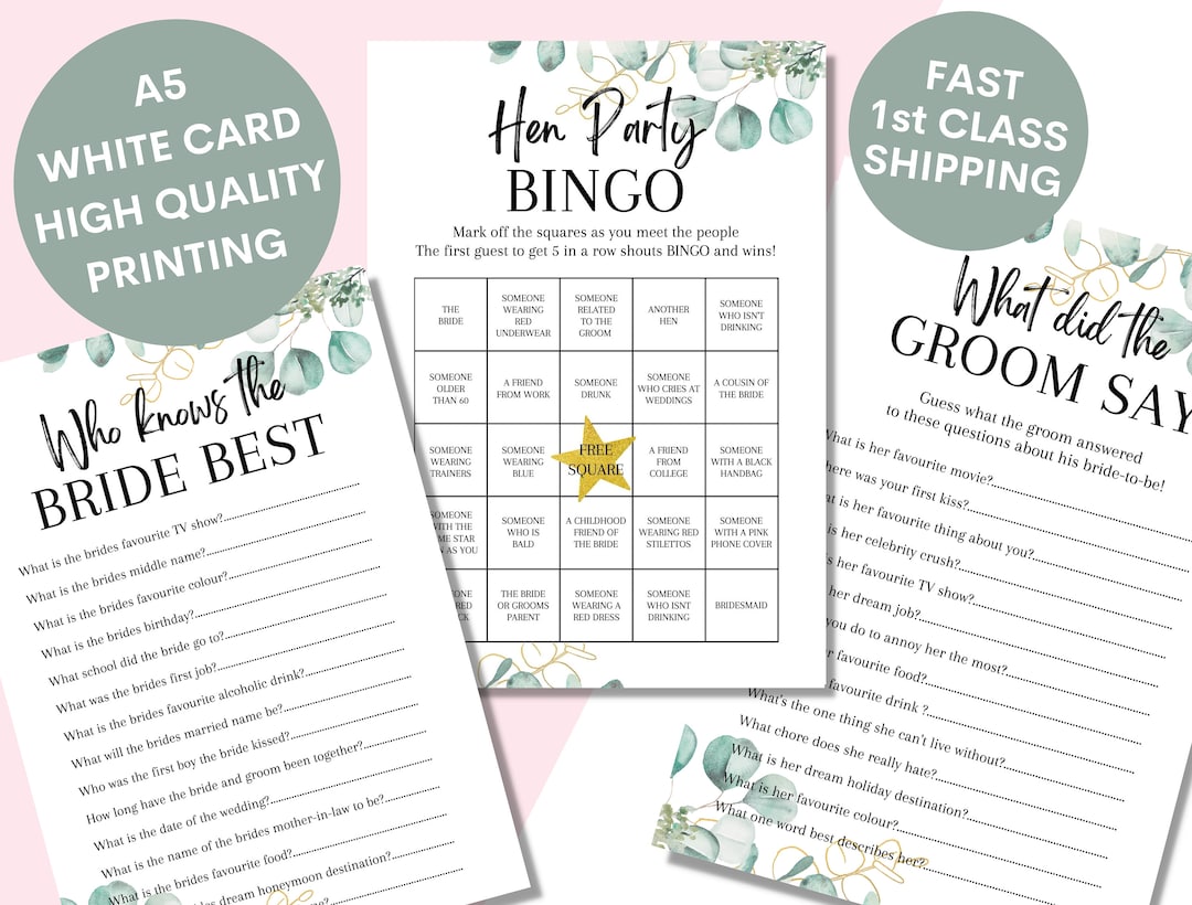 Hen Party Games Bundle Hen Party Bingo Bride Groom Shower - Etsy