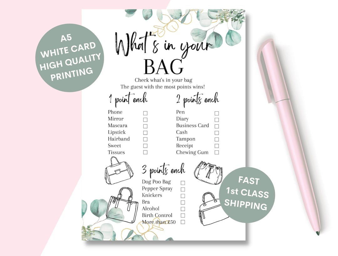 What's in Your Bag Game | A5 Hen Party Activity | Bridal Shower ...