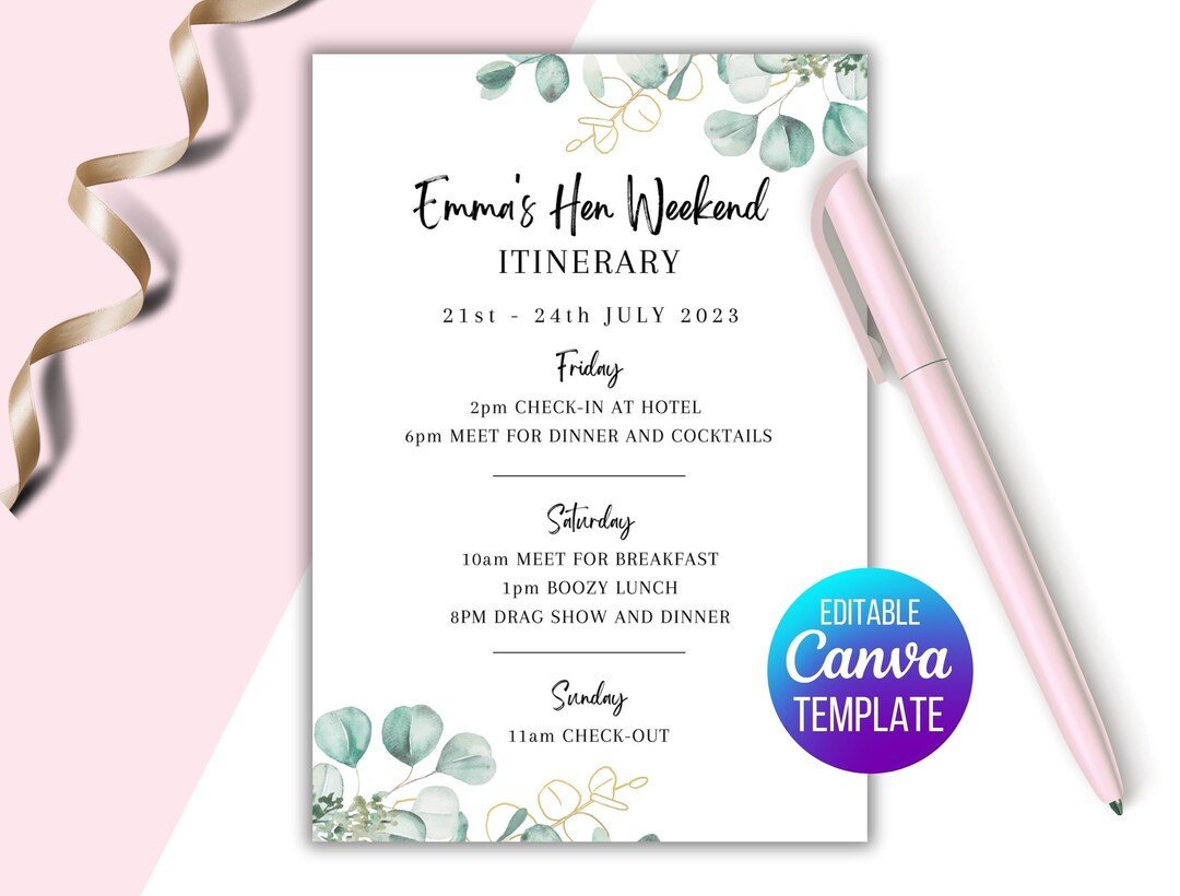 Printable Itinerary Template, Editable Hens Party Weekend Itinerary ...