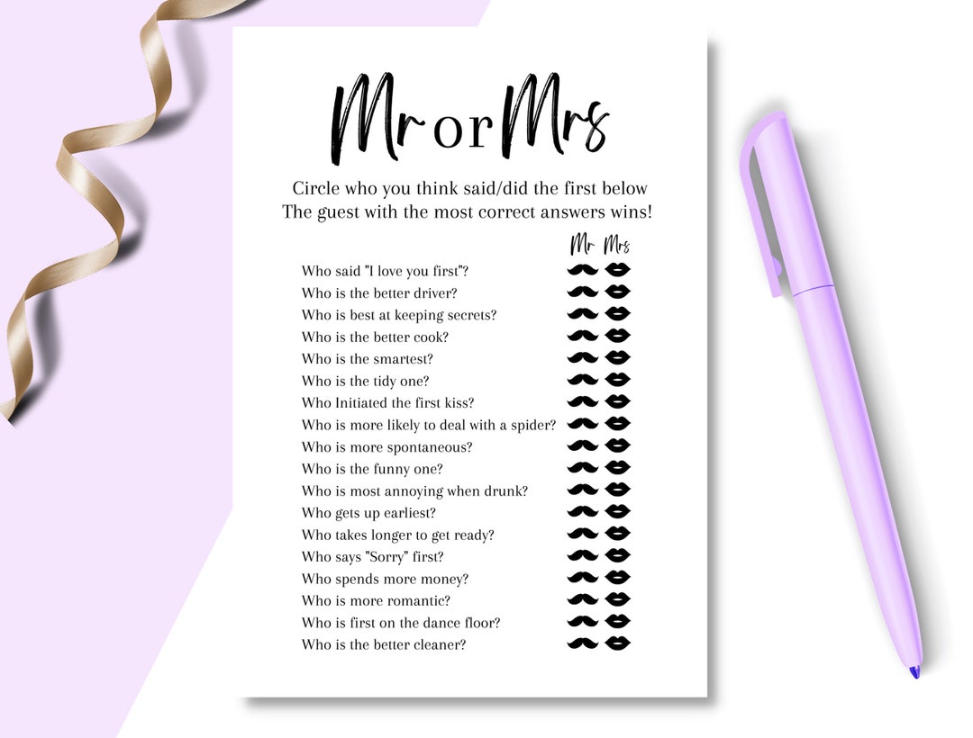 Simple Elegant Hen Party Game Mr or Mrs, Fun Hen Game, A5 Size Bridal ...