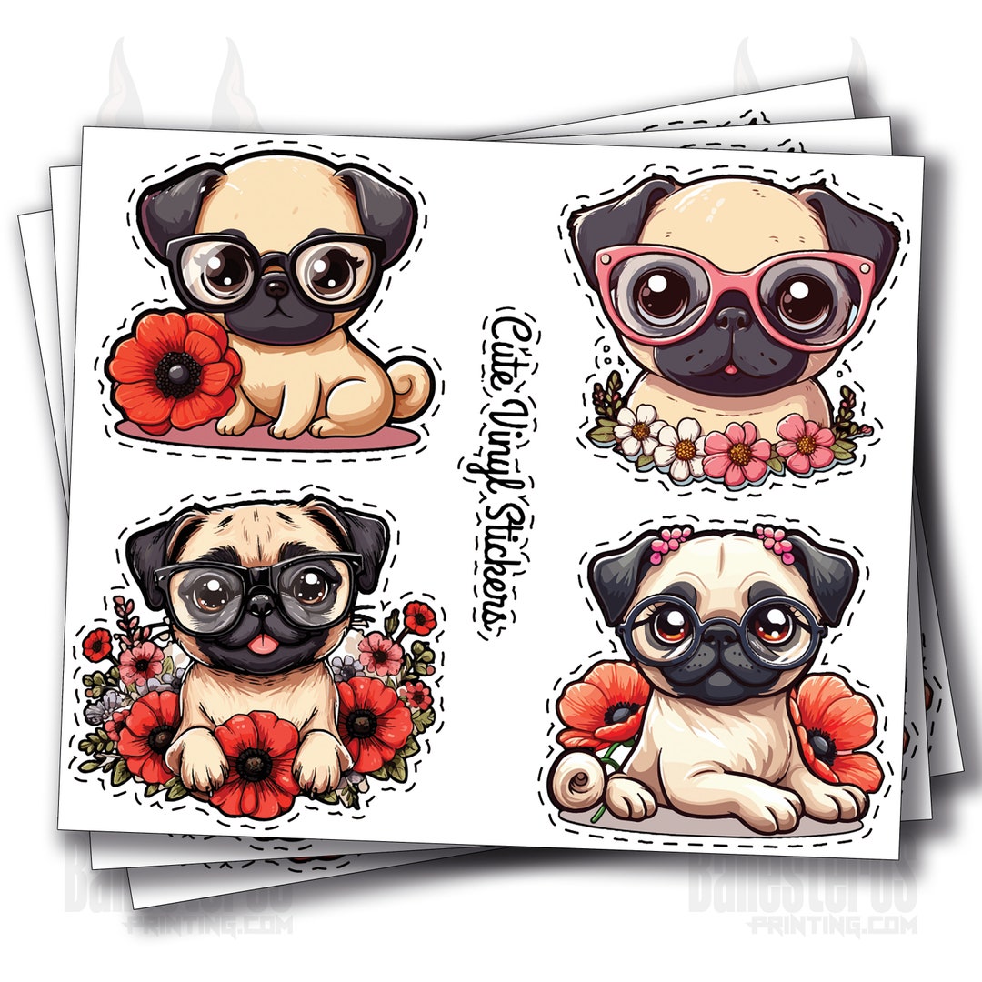Cute Pug Vinyl Stickers Sheet (4 Kiss Cut Images), Sticker Dog, Hero ...