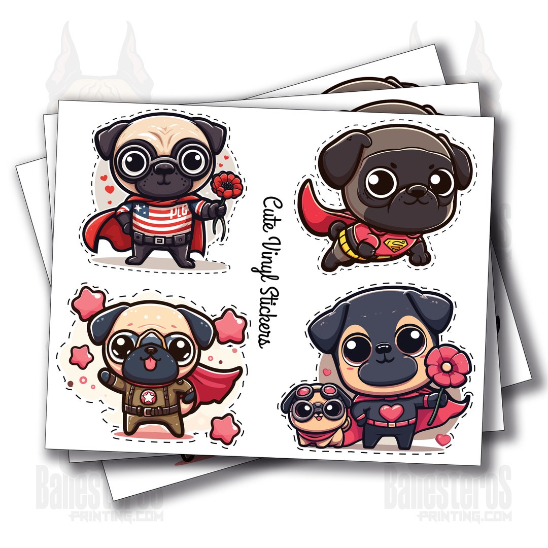 Cute Pug Vinyl Stickers Sheet (4 Kiss Cut Images), Sticker Dog, Hero ...