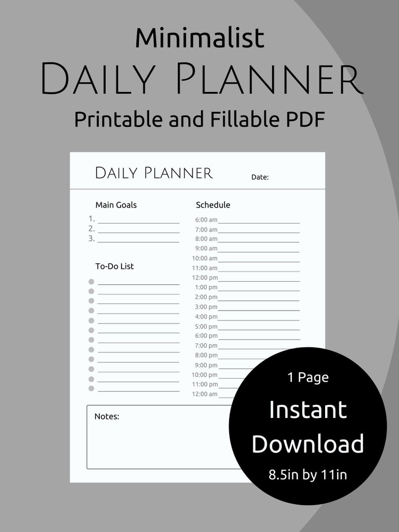 Minimalist Daily Planner Printable, Instant Download Printable and ...