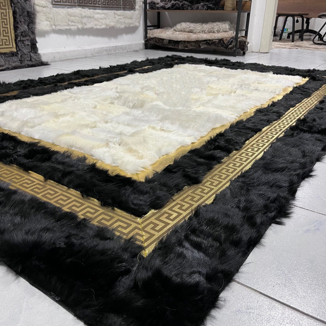Black Sheepskin Fur Rug for Living Room, Luxury Rectangle Soft Carpet ...