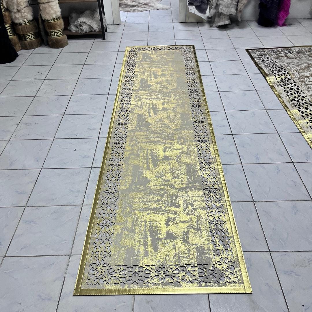 Laser Cut Leather Rug - Runner Rug for Living Room - Beige and Gold ...